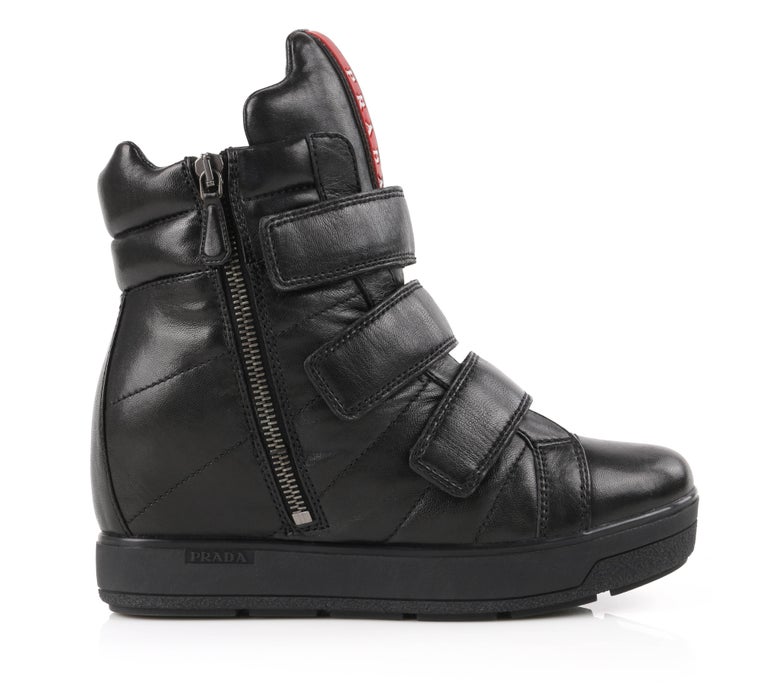PRADA Sport A/W 2013 Black Vitello Leather Triple Strap Hi Top Wedge ...