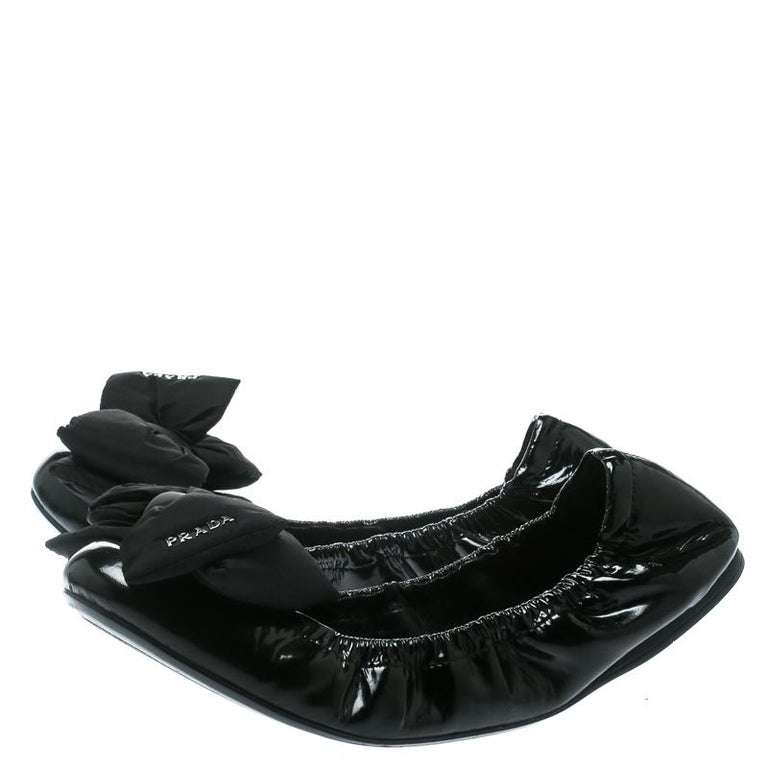 Prada Sport Black Patent Leather Bow Detail Scrunch Ballet Flat Size 40 For Sale at 1stDibs ...