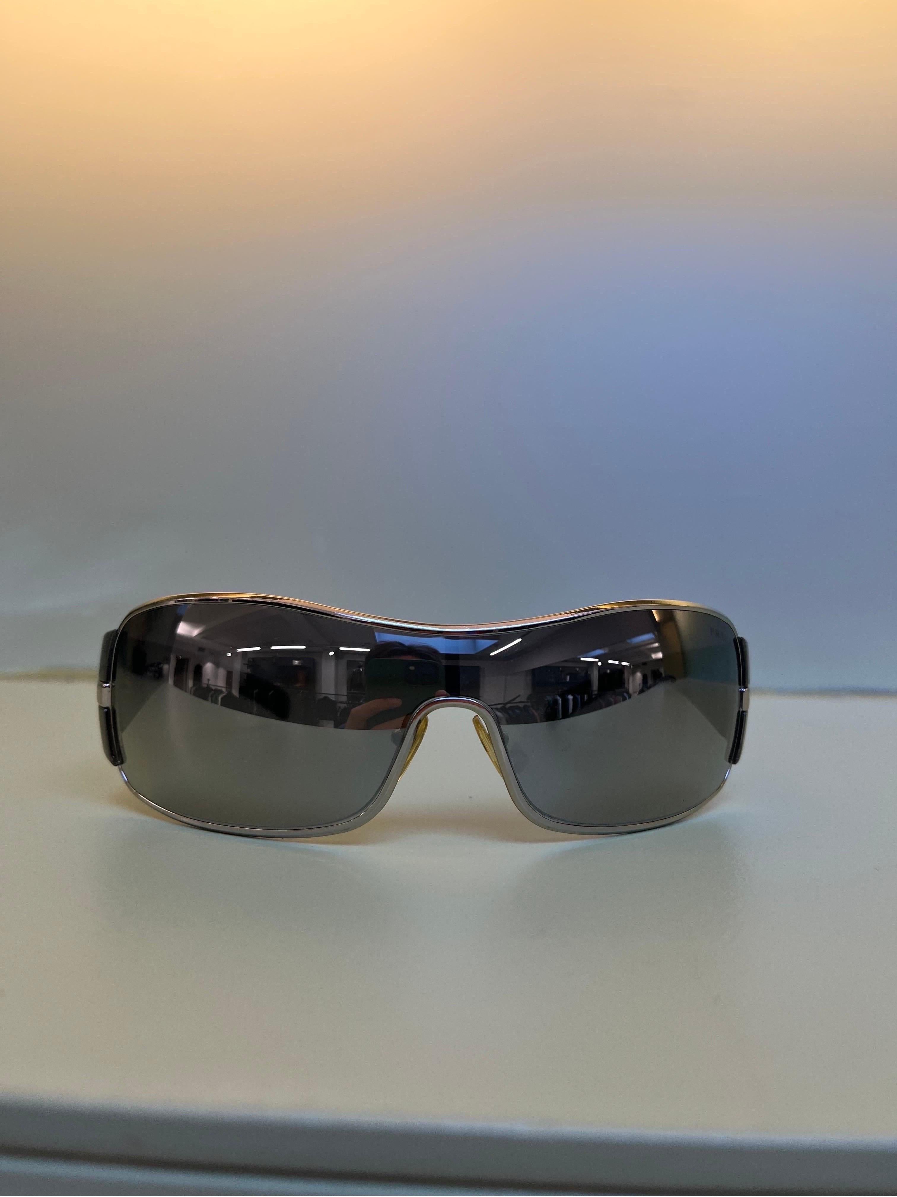 Prada SPR611 Chrome Metal Logo Vintage Sunglasses For Sale at 1stDibs