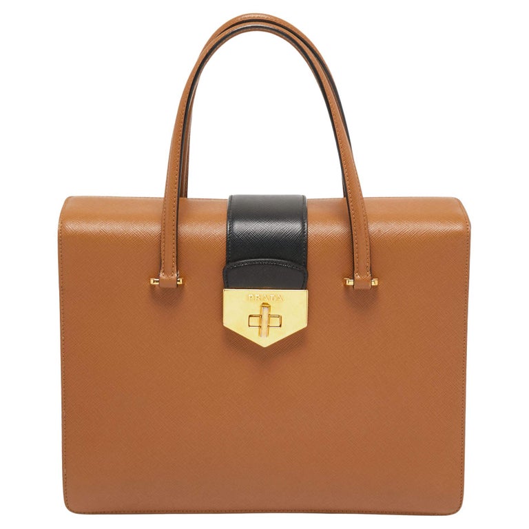 Prada Tan/Black Saffiano Lux Leather Turnlock Box Tote For Sale at 1stDibs