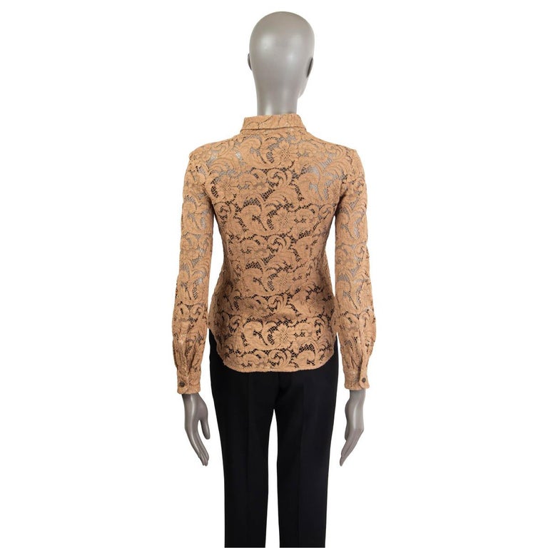 PRADA tan brown viscose LACE Button-Up Shirt 38 XS For Sale at 1stDibs