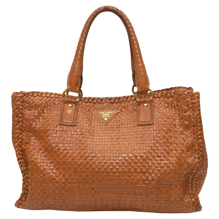 Prada Tan Madras Woven Tote Bag at 1stDibs
