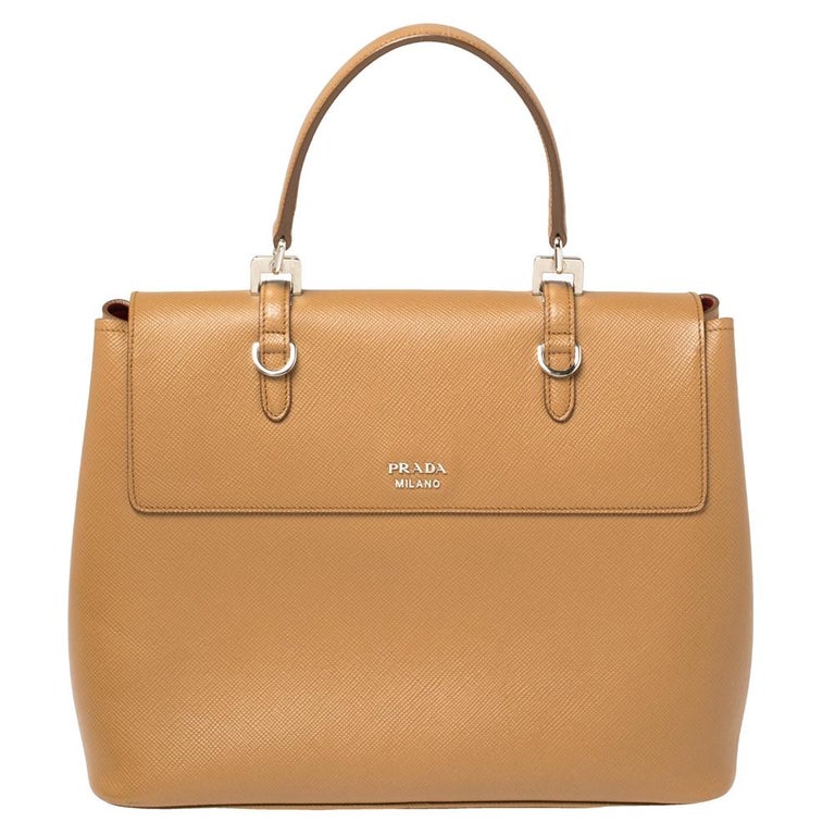 Prada Tan Saffiano Cuir Leather Double Turn Lock Top Handle Bag at 1stDibs