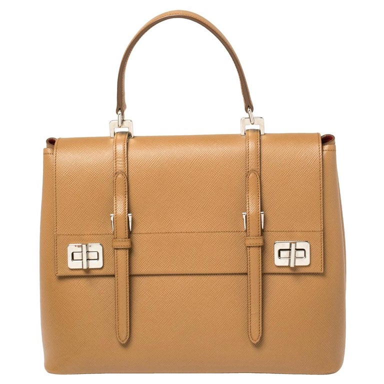 Prada Tan Saffiano Cuir Leather Double Turn Lock Top Handle Bag at 1stDibs