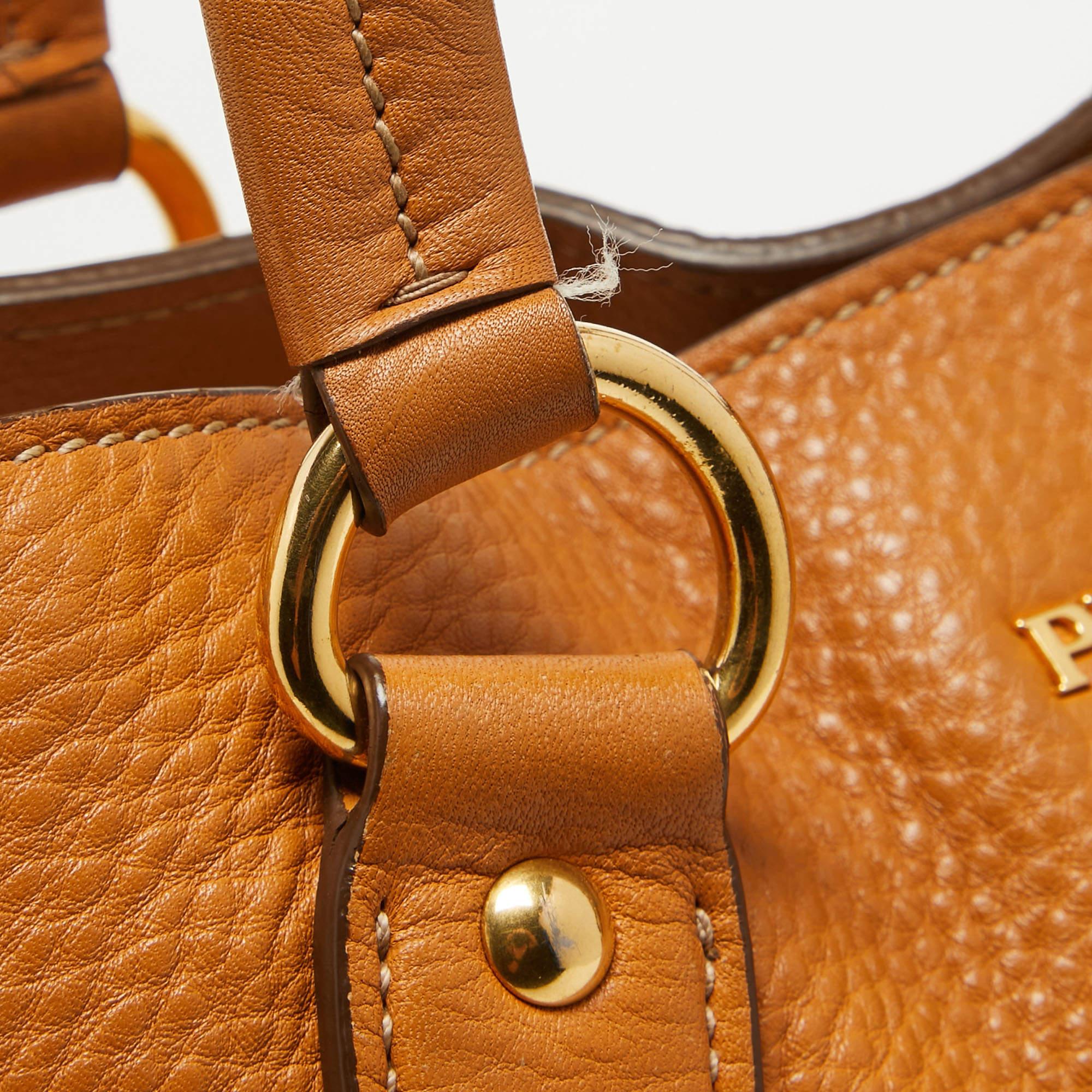 Prada Tan Vitello Daino Leather Side Zip Shopping Tote For Sale at 1stDibs