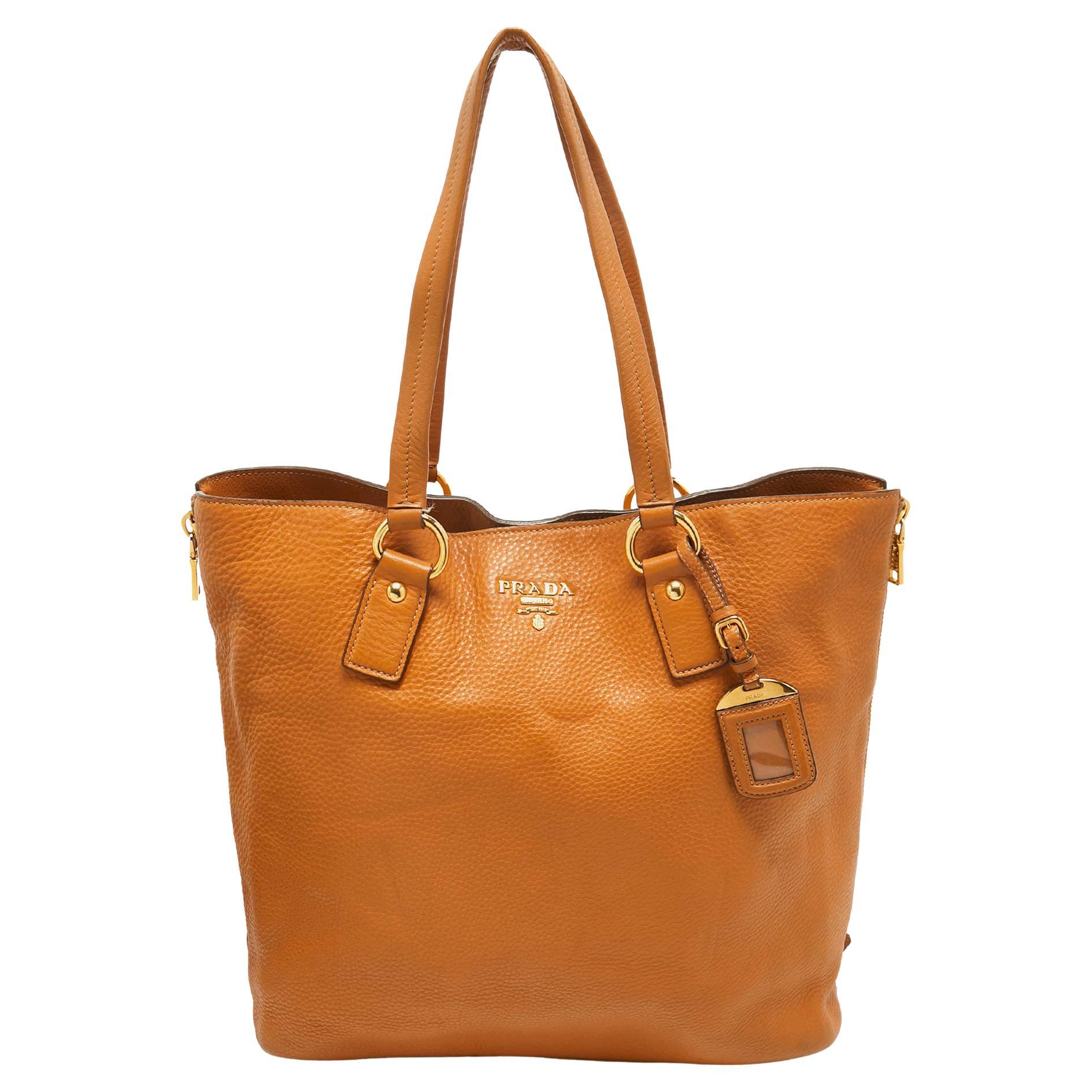 Prada Tan Vitello Daino Leather Side Zip Shopping Tote For Sale at 1stDibs
