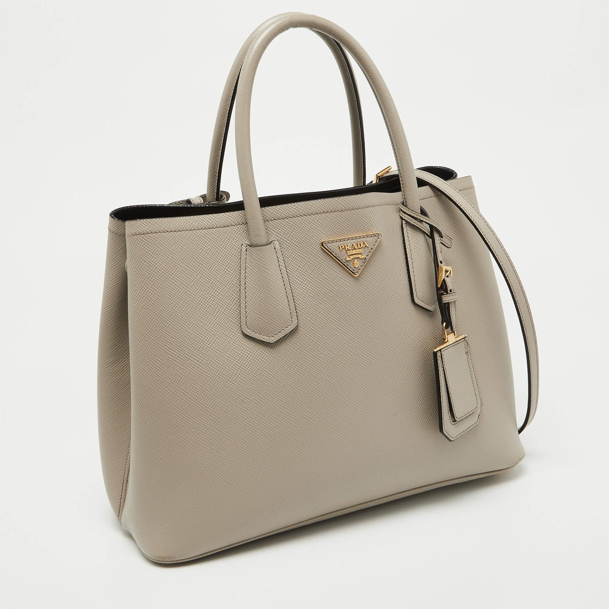 Prada Taupe Saffiano Metal Leather Medium Double Handle Tote For Sale ...