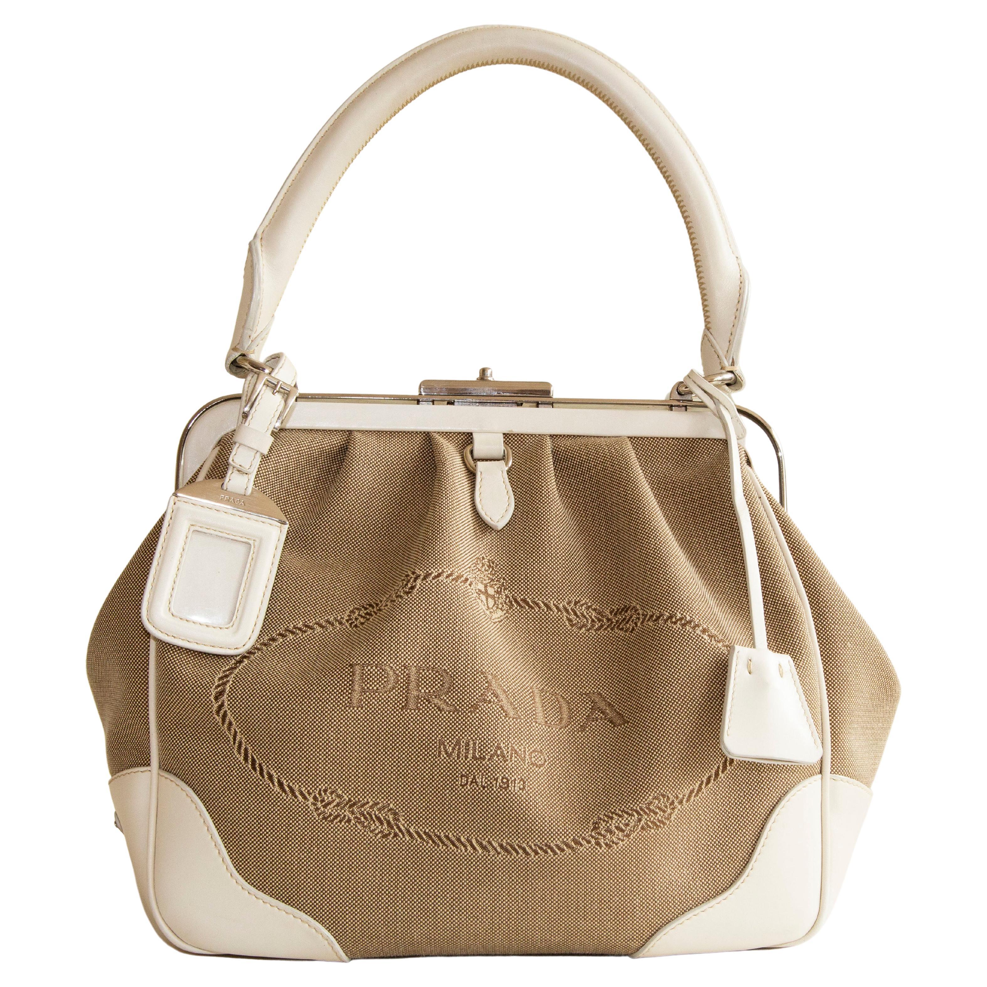 Prada Top Handle Bag Handbag Beige Canvas and White Leather Trim at 1stDibs