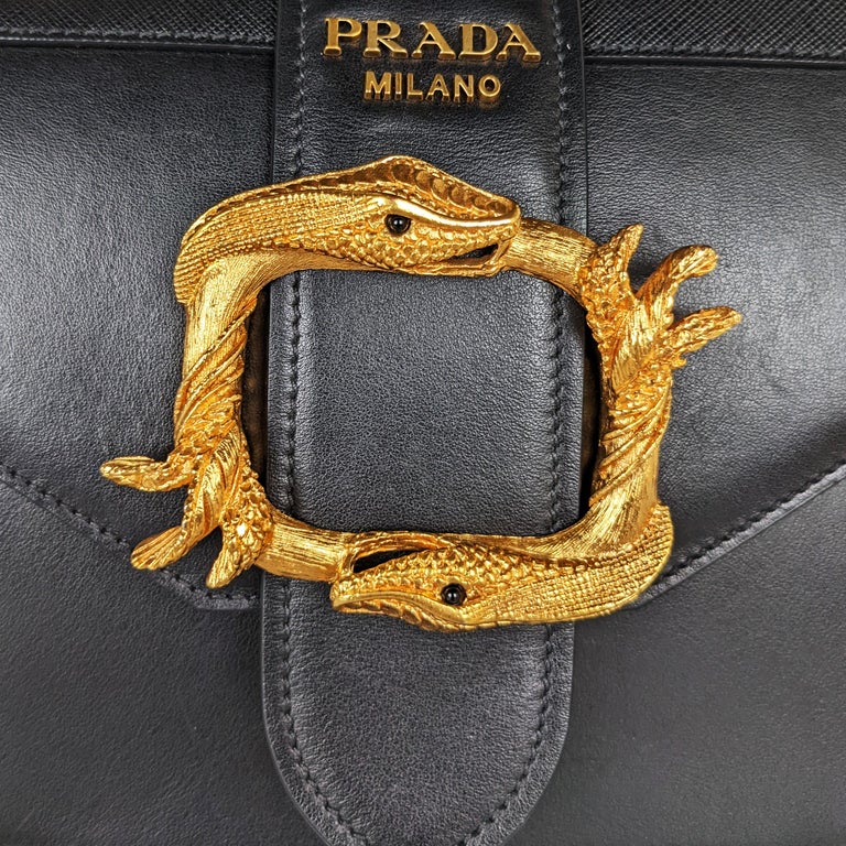 Prada Top Handle Cahier Animalier Serpent Snake Black Leather Shoulder ...