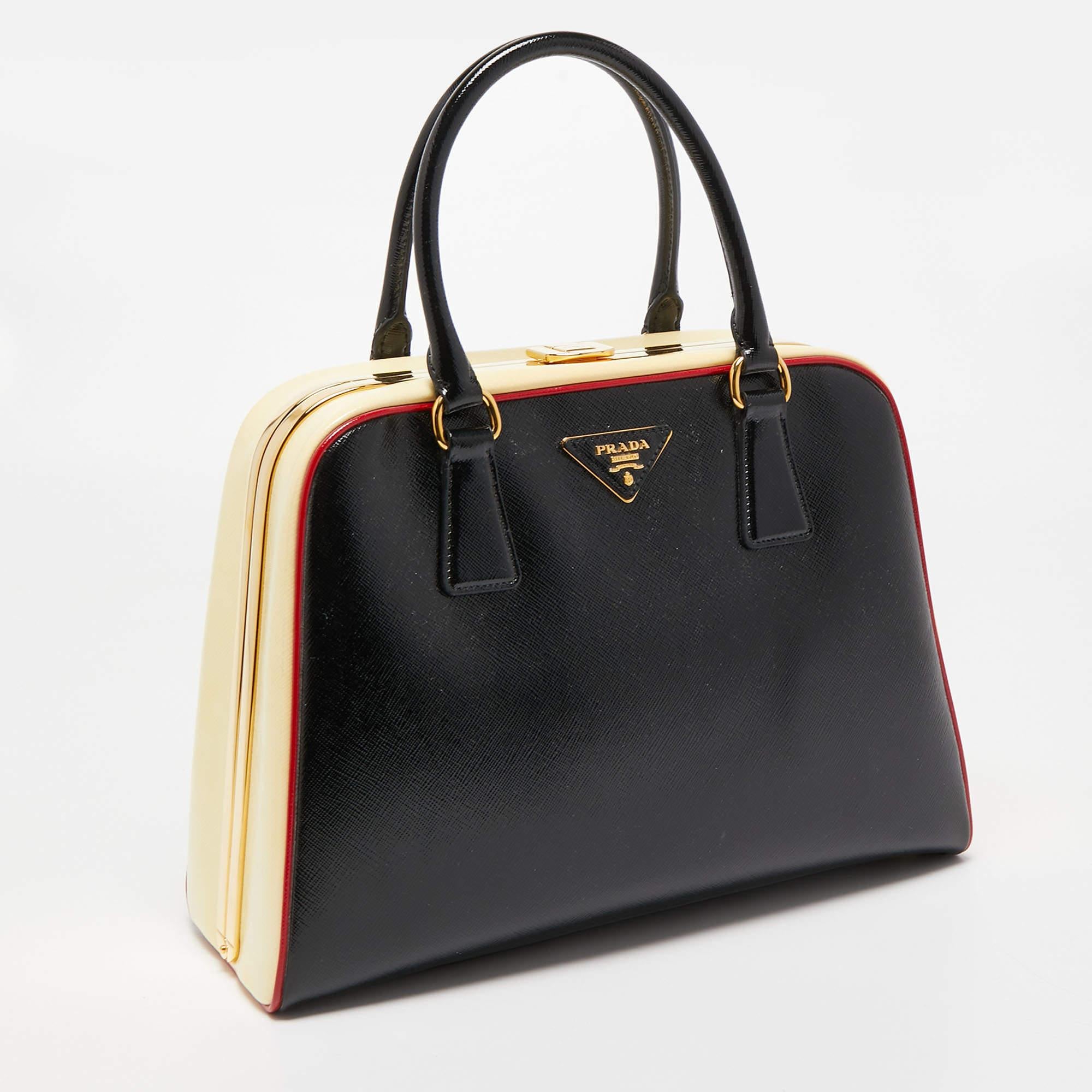 Prada Tri Color Saffiano Patent Leather Pyramid Frame Satchel For Sale ...