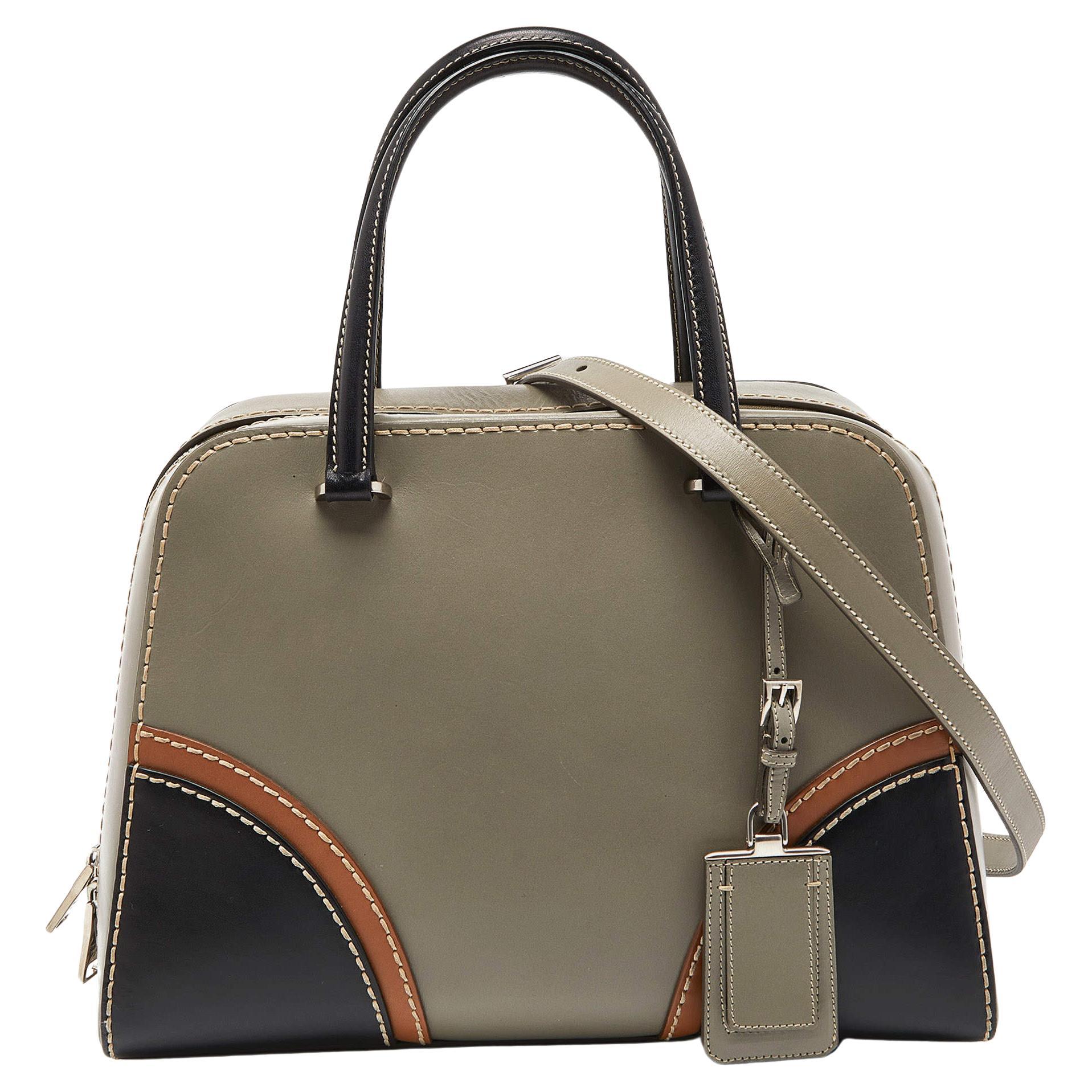 Prada Tricolor Bauletto Vitello Leather Satchel For Sale at 1stDibs