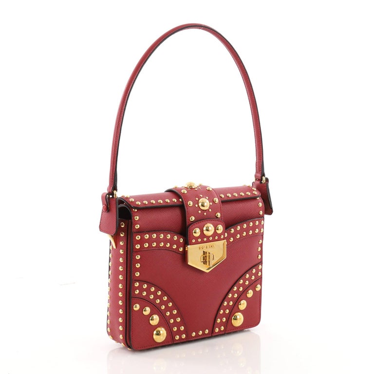 Prada Turn Lock Shoulder Bag Studded Saffiano Leather Small at 1stDibs