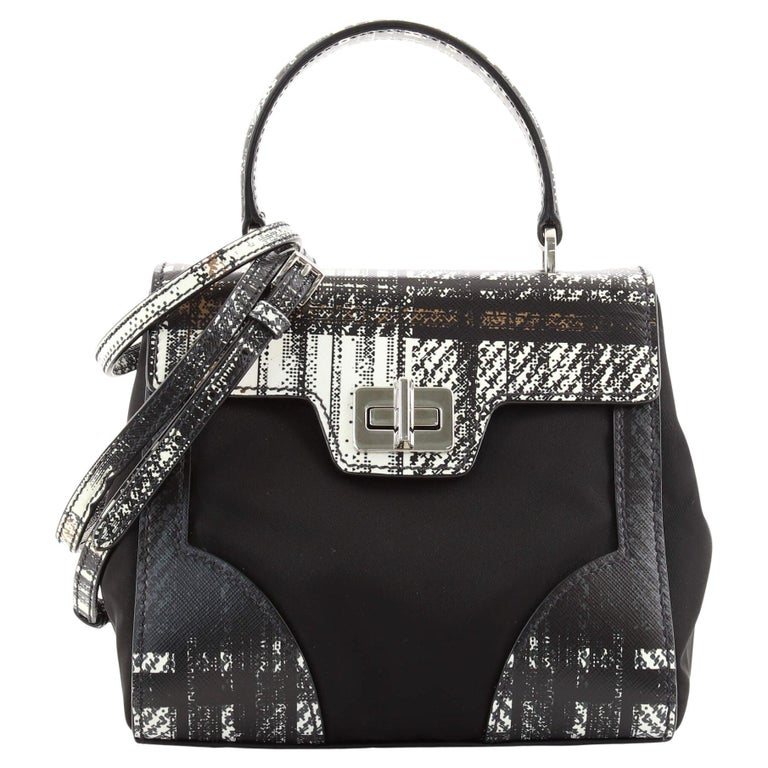 Prada Turn Lock Top Handle Bag Printed Saffiano Leather with Tessuto ...