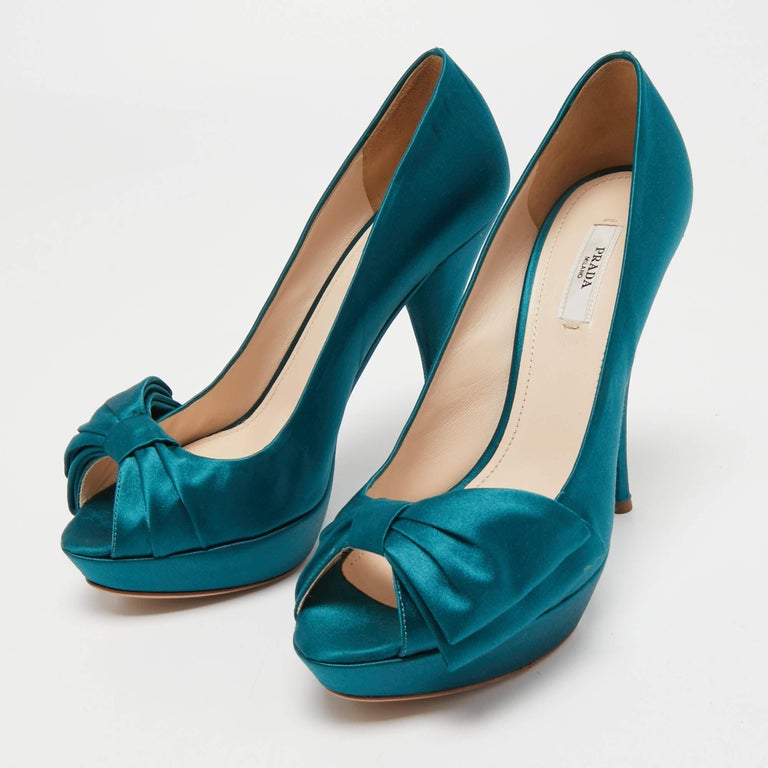 Prada Turquoise Blue Satin Bow Detail Peep Toe Platform Pumps Size 39.5 ...
