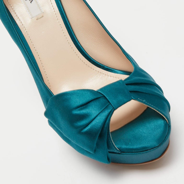 Prada Turquoise Blue Satin Bow Detail Peep Toe Platform Pumps Size 39.5 ...