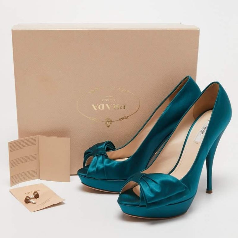 Prada Turquoise Blue Satin Bow Detail Peep Toe Platform Pumps Size 39.5 ...