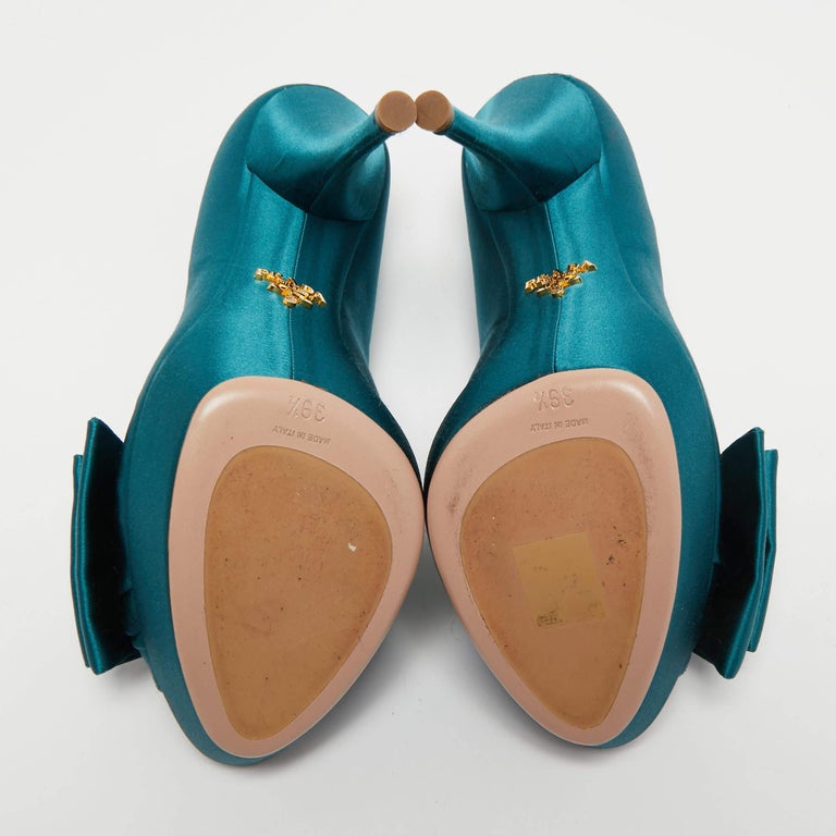Prada Turquoise Blue Satin Bow Detail Peep Toe Platform Pumps Size 39.5 ...