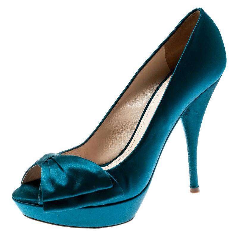 Prada Turquoise Blue Satin Bow Detail Peep Toe Platform Pumps Size 39.5 ...