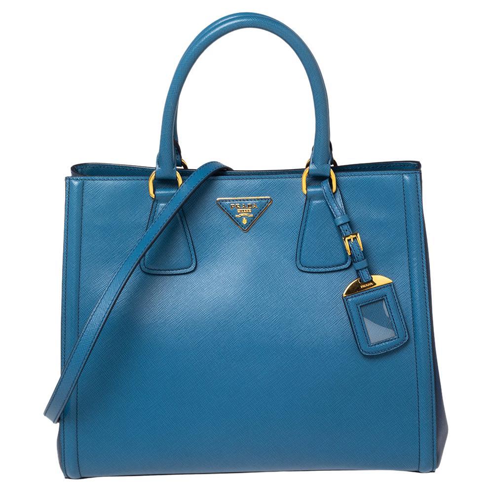 Prada Blue Bicolor Saffiano Lux Leather Medium Galleria Double Zip Tote ...