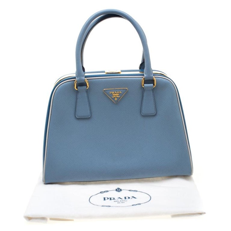 Prada Two Tone Blue Saffiano Leather Frame Top Handle Bag For Sale at ...