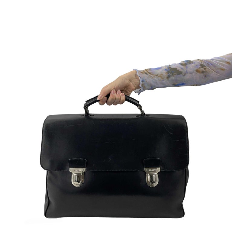 PRADA Vitello Leather Double Buckle Briefcase Black / Silver For Sale ...