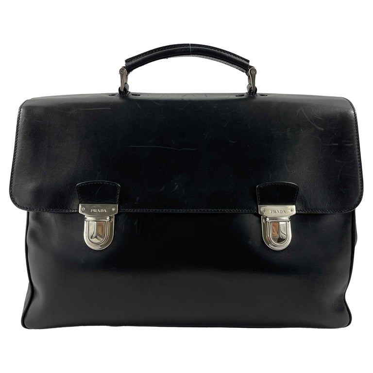 PRADA Vitello Leather Double Buckle Briefcase Black / Silver For Sale ...