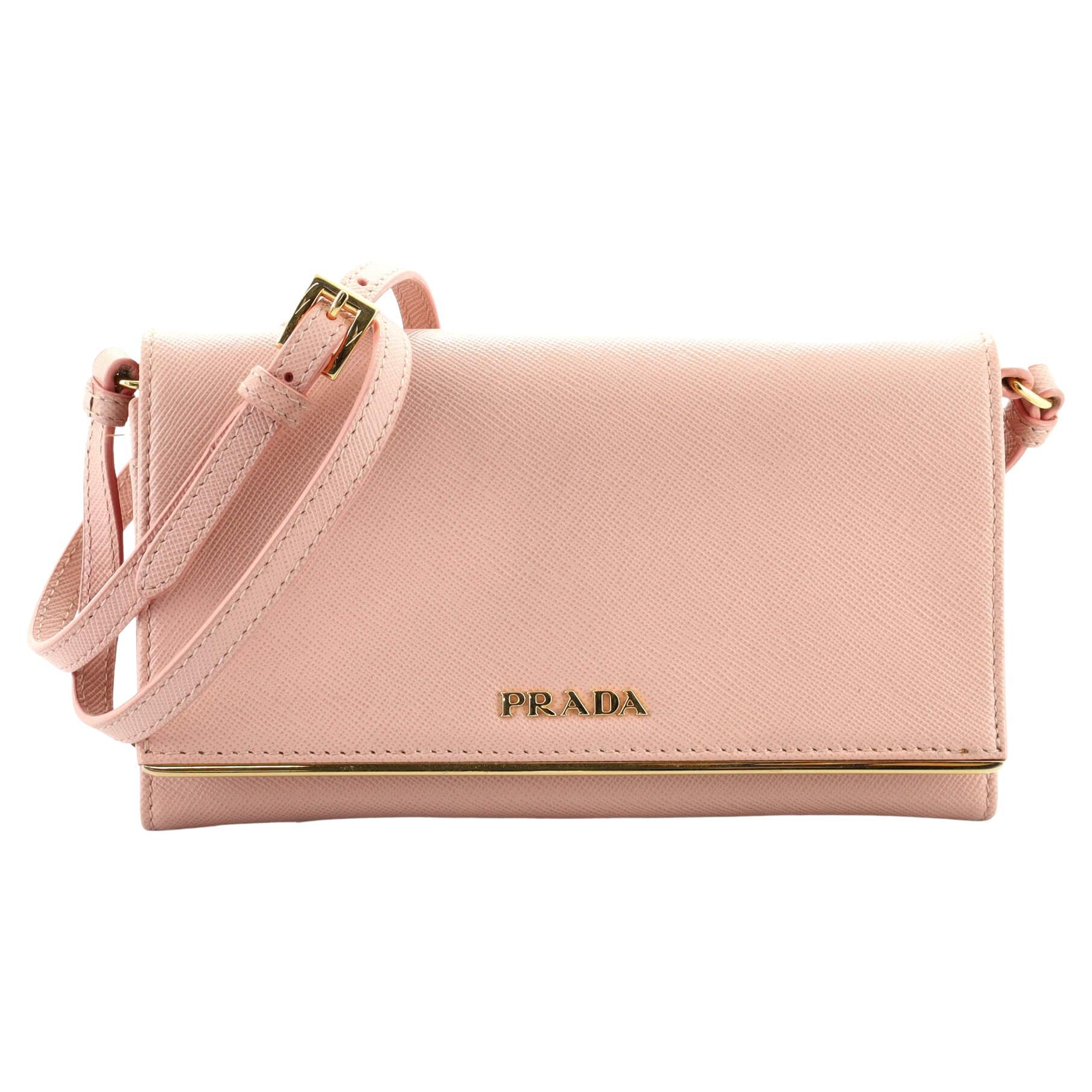 PRADA Pink Leather SAFFIANO FIOCCO Ribbon STRAP WALLET Purse WOC 1M1437 ...