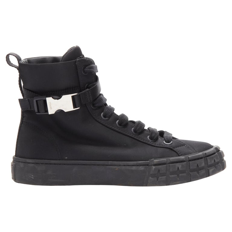 PRADA Wheel black Tessuto nylon silver buckle strap high top sneaker ...
