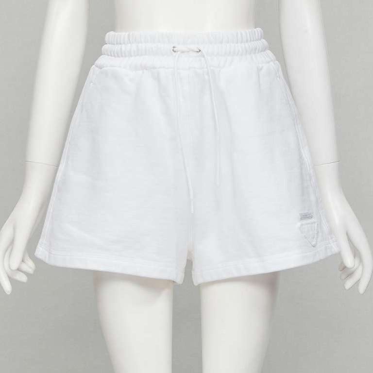PRADA white cotton triangle logo patch drawstring high waisted shorts ...