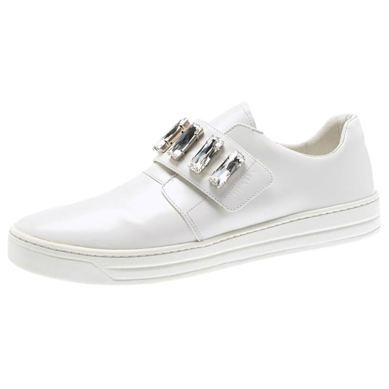 Prada White Crystal Embellished Leather Velcro Sneakers Size 40 For ...