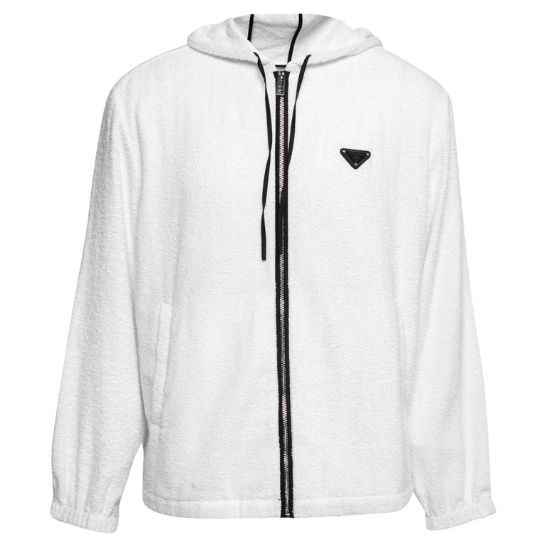 Prada White Terry Cloth Enameled Metal Logo Hoodie Jacket L For Sale at ...