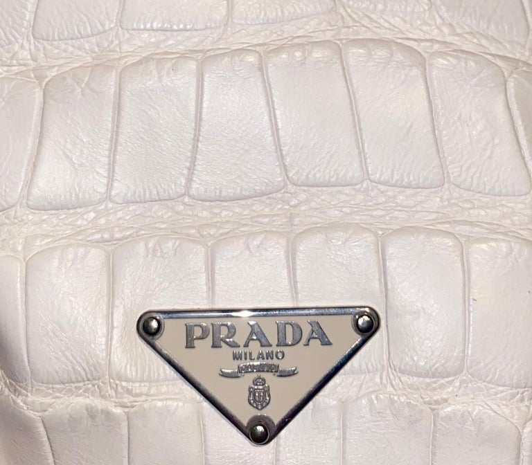 Prada White XL Size Exotic Alligator Crocodile Skin Bag Tote Hand Bag ...