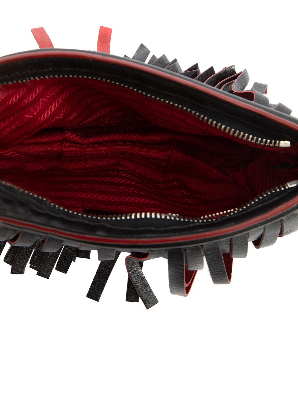 Prada Women's Black Leather Contrast Red Fringe Clutch For Sale at 1stDibs