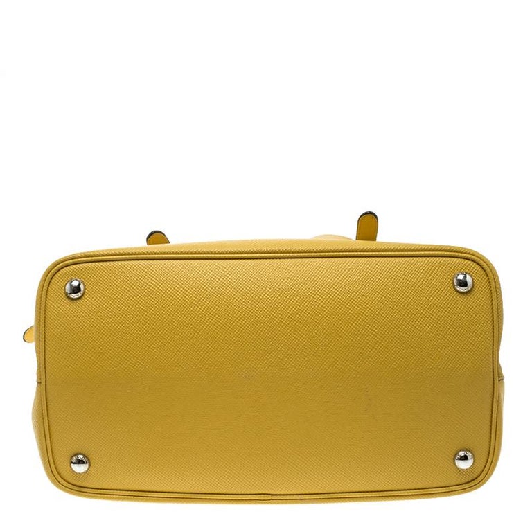 Prada Yellow Saffiano Cuir Leather Double Turn Lock Satchel For Sale at ...