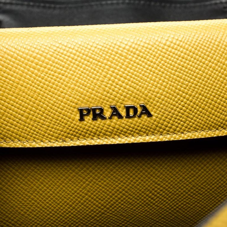 Prada Yellow Saffiano Cuir Leather Double Turn Lock Satchel For Sale at ...