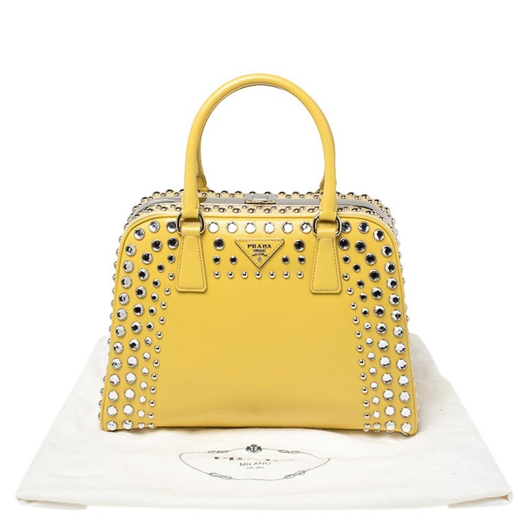 Prada Yellow Saffiano Lux Leather Crystal Embellished Pyramid Frame ...