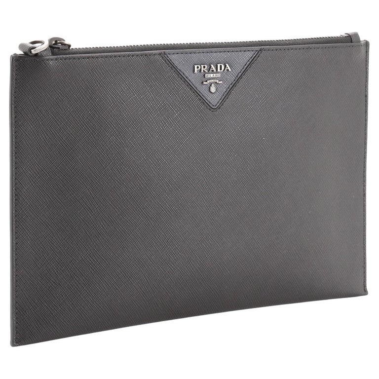 Prada Zipper Pouch Saffiano Leather Medium Black, Blue at 1stDibs