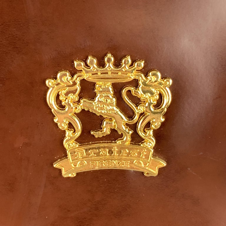 PRATESI Brown Leather Mini Gold Zipper and Plaque Square Crossbody Bag ...