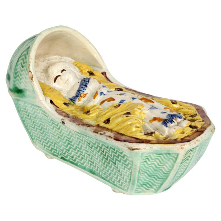 Prattware English Pottery Cradle with a Sleeping Child For Sale at 1stDibs
