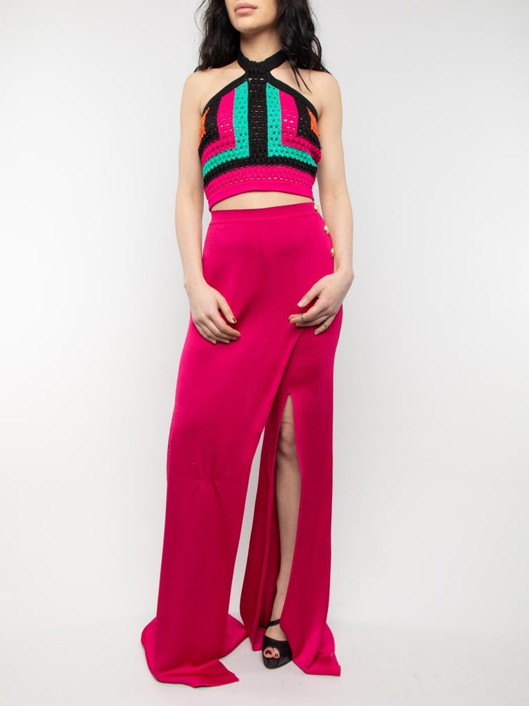 Pre-Loved Balmain Women's Hot Pink Flare Split Trousers For Sale at 1stDibs