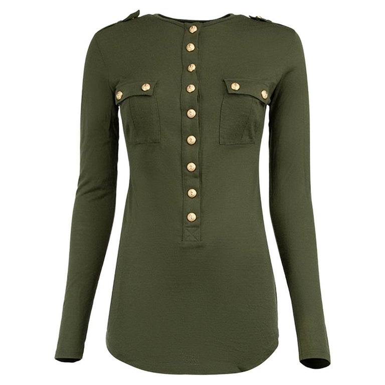 Pre-Loved Balmain Women's Khaki Buttons Accent Long Sleeves Top For ...