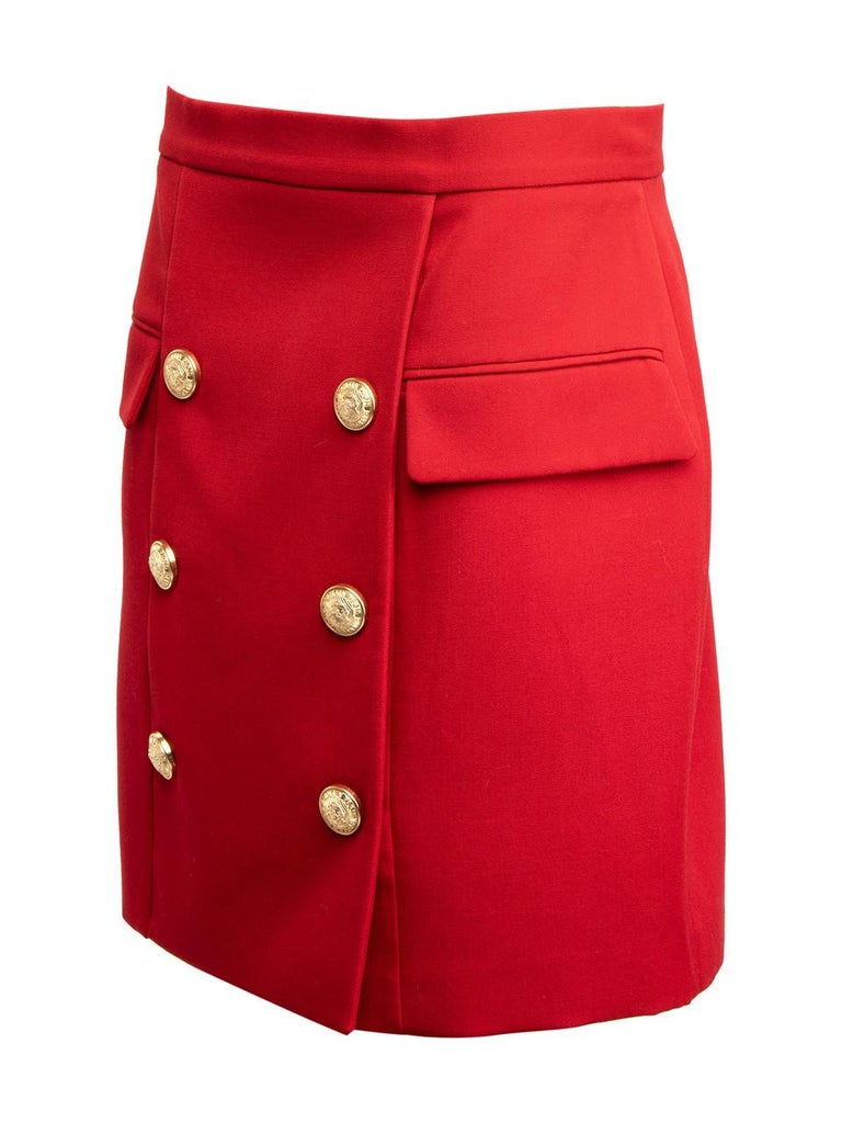 Pre-Loved Balmain Women's Red Mini Skirt with Gold Buttons For Sale at ...
