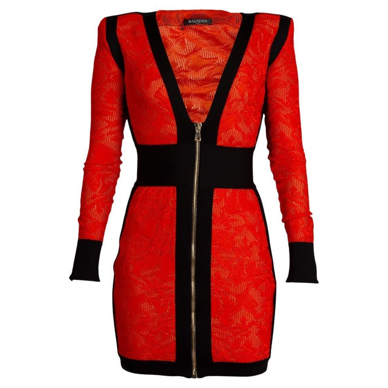 Pre-Loved Balmain Women's Structured Mini Dress Red Lace For Sale at ...