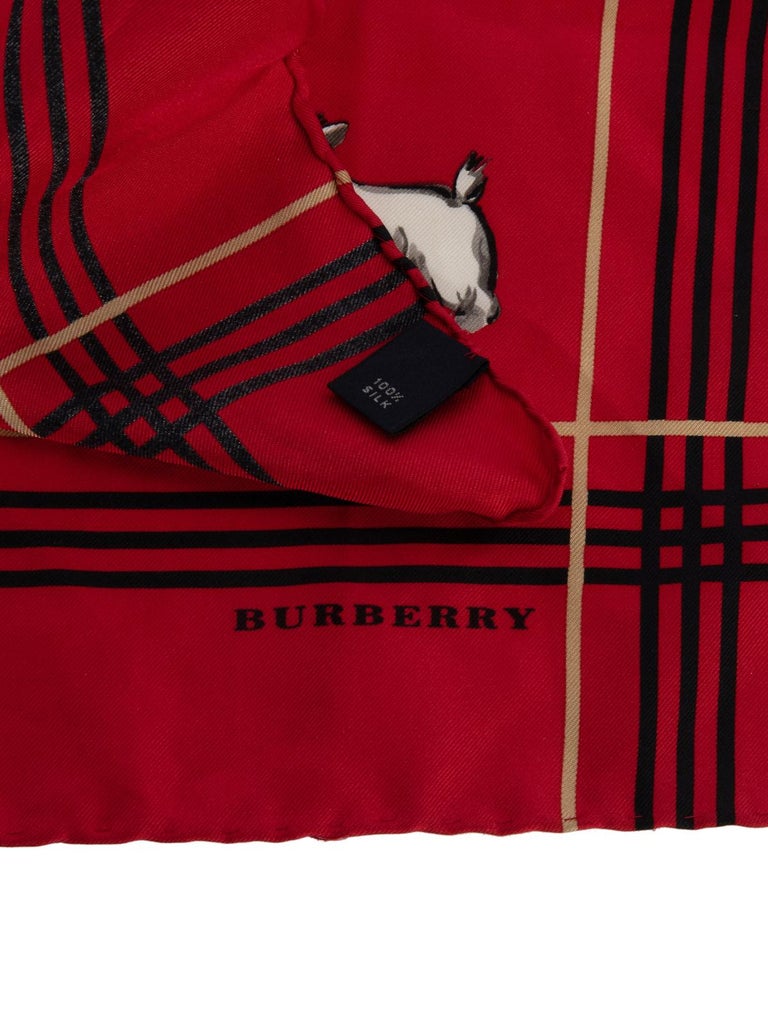 Pre-Loved Burberry Women's Red Dogs Printed Silk Scarf For Sale at 1stDibs