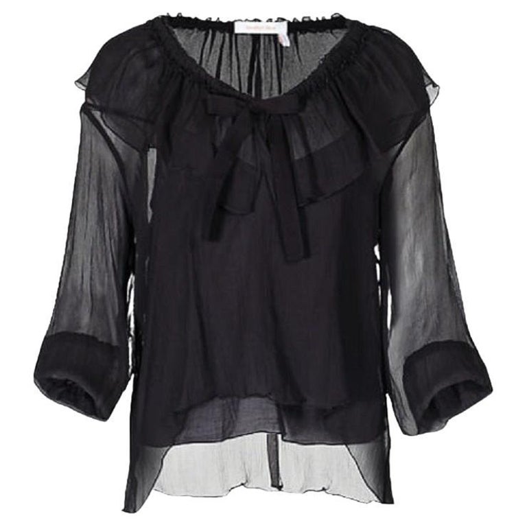 Pre-Loved Chloé Women's Black Silk Sheer Ruffle Top For Sale at 1stDibs