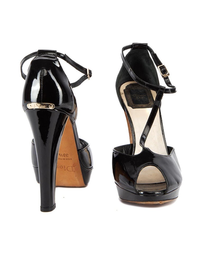 Pre-Loved Christian Dior Women's Black Patent Leather Peep Toe T-Strap ...