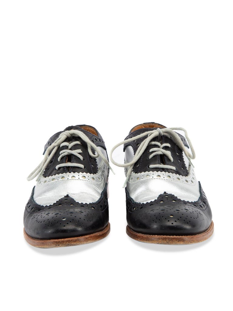 Pre-Loved Church's Women's Black and Silver Metallic Brogues Flat Shoes ...