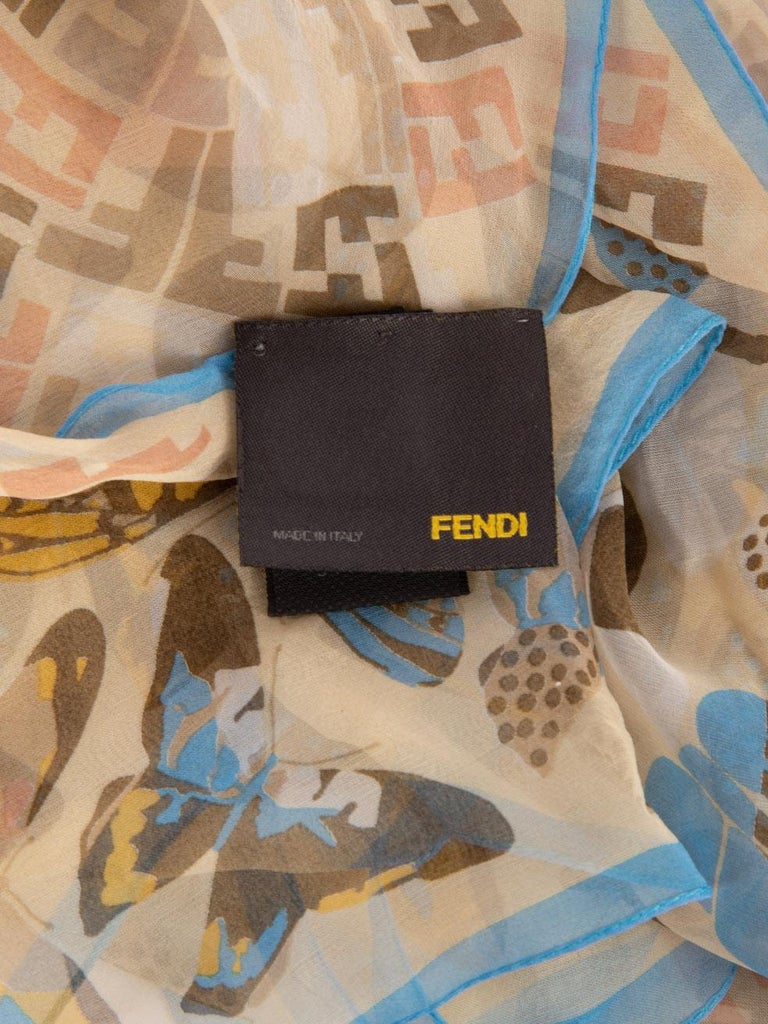 Pre-Loved Fendi Women's Blue Butterfly and Logo Print Silk Shawl For ...