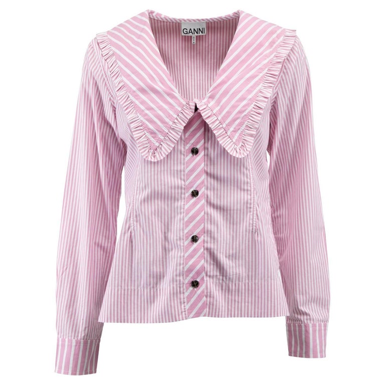 Pre-Loved Ganni Women's Pink and White Striped Button Up Shirt For Sale ...