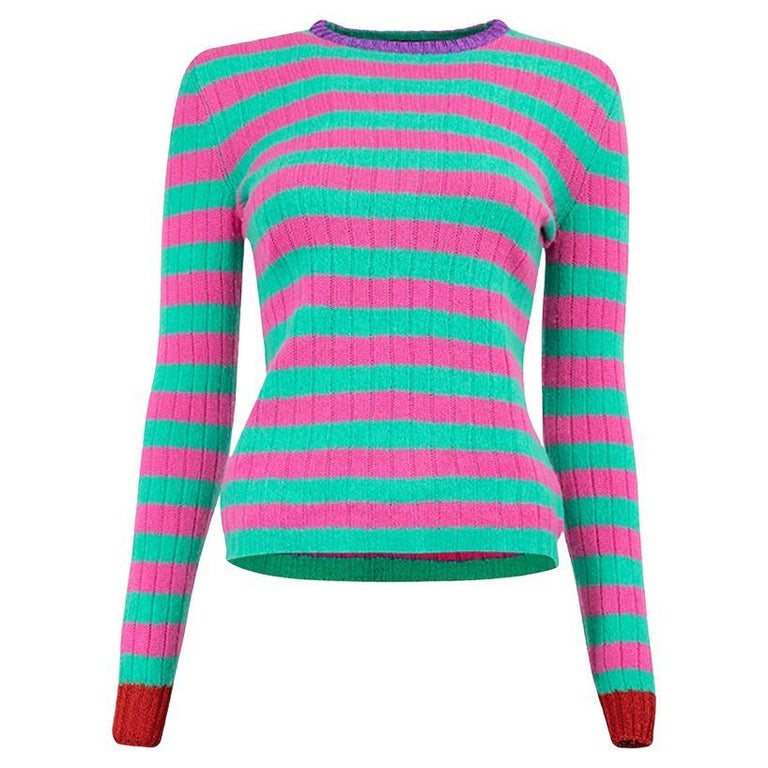 Pre-Loved Gucci Women's Pink and Green Striped Crewneck Knit Jumper For Sale at 1stDibs